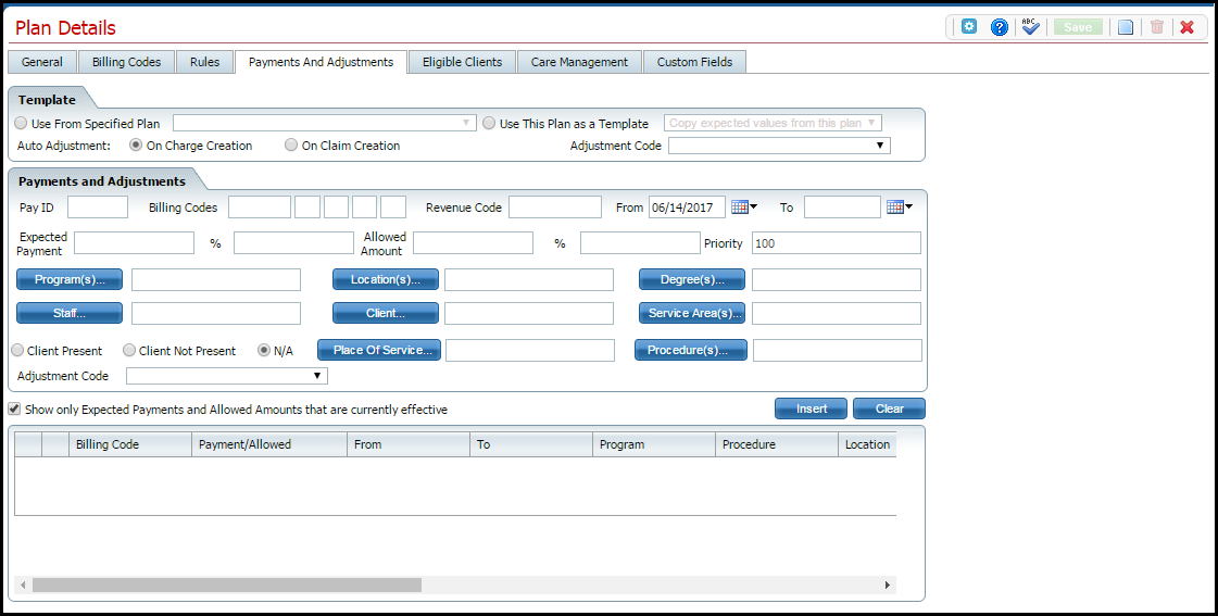 Plan Details Payments and Adjustments Tab Field Definitions